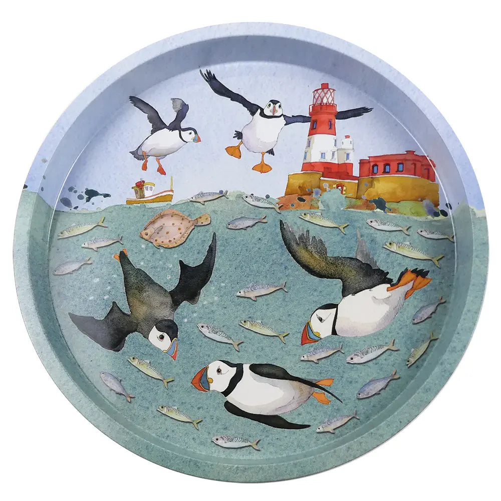 Emma Ball "Diving Puffins" round tin tray – Atishoo Gallery