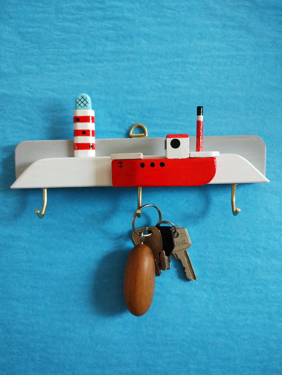 Wooden Harbour Key Holder with a red fishing boat by David Fry (COM ...